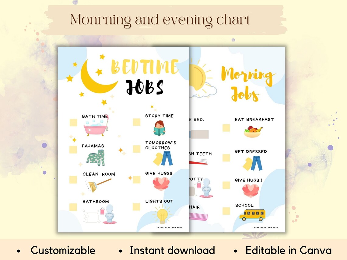 Morning and Night Chore Chart, Aesthetic ADHD Editable Chore List ...