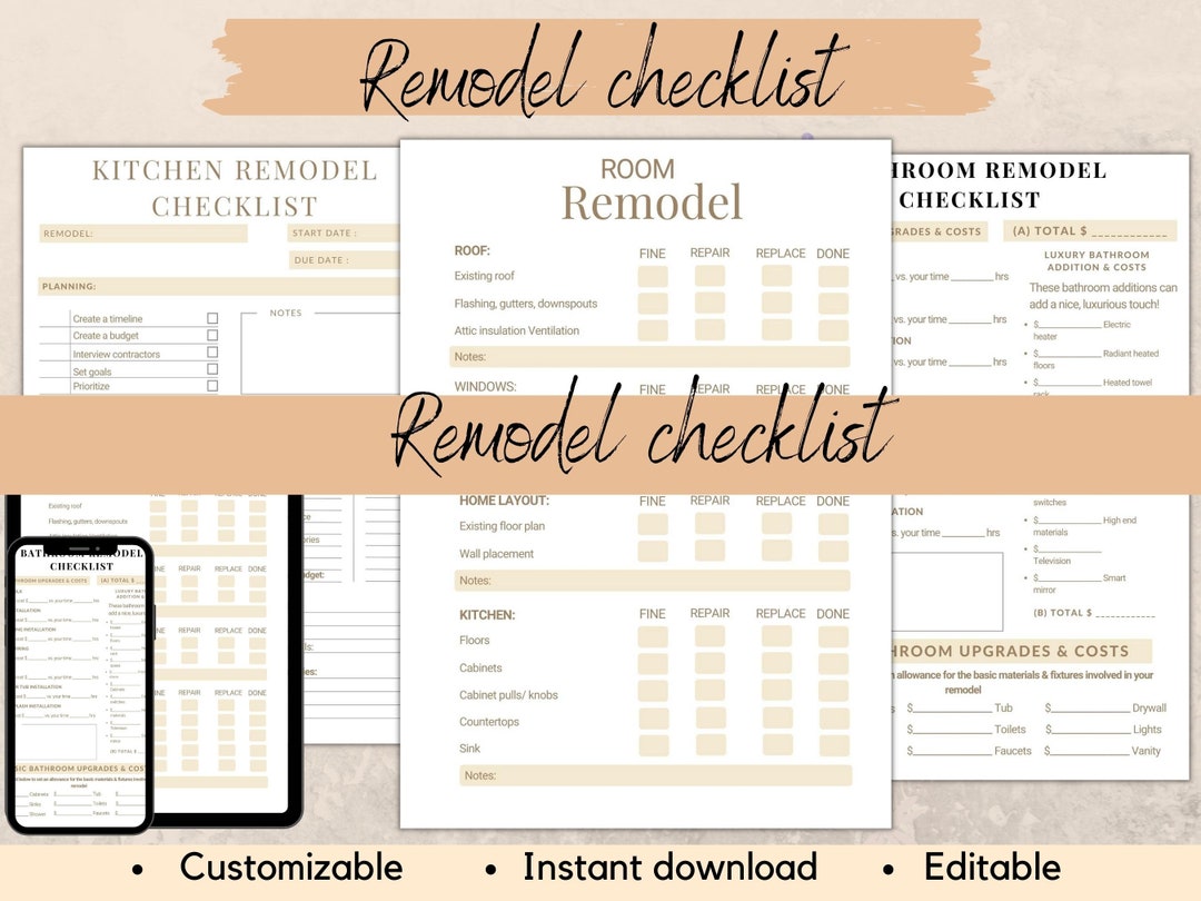 Home Renovation Planner, Kitchen Renovation Remodel Checklist, Bathroom ...