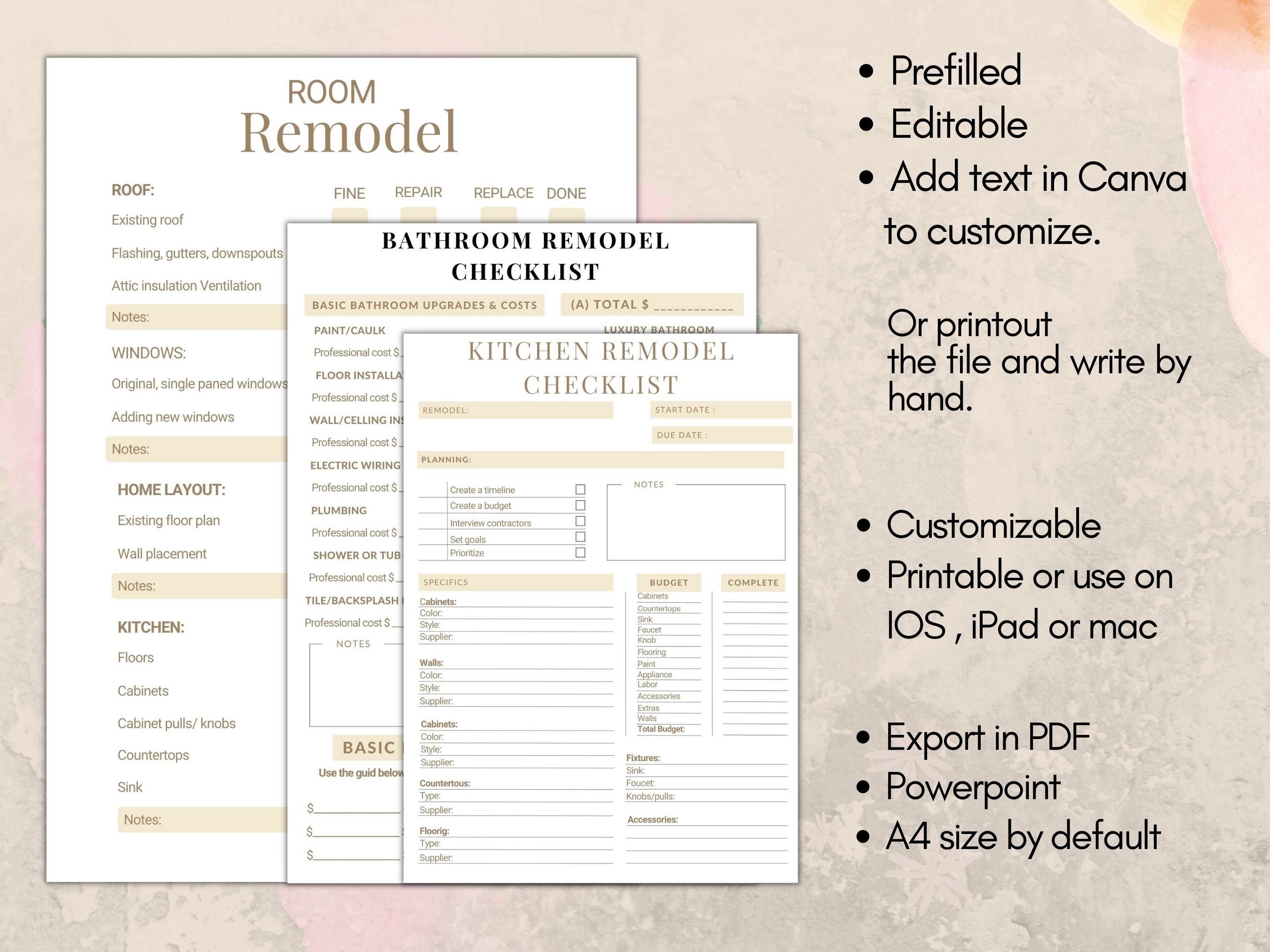Home Renovation Planner, Kitchen Renovation Remodel Checklist, Bathroom ...