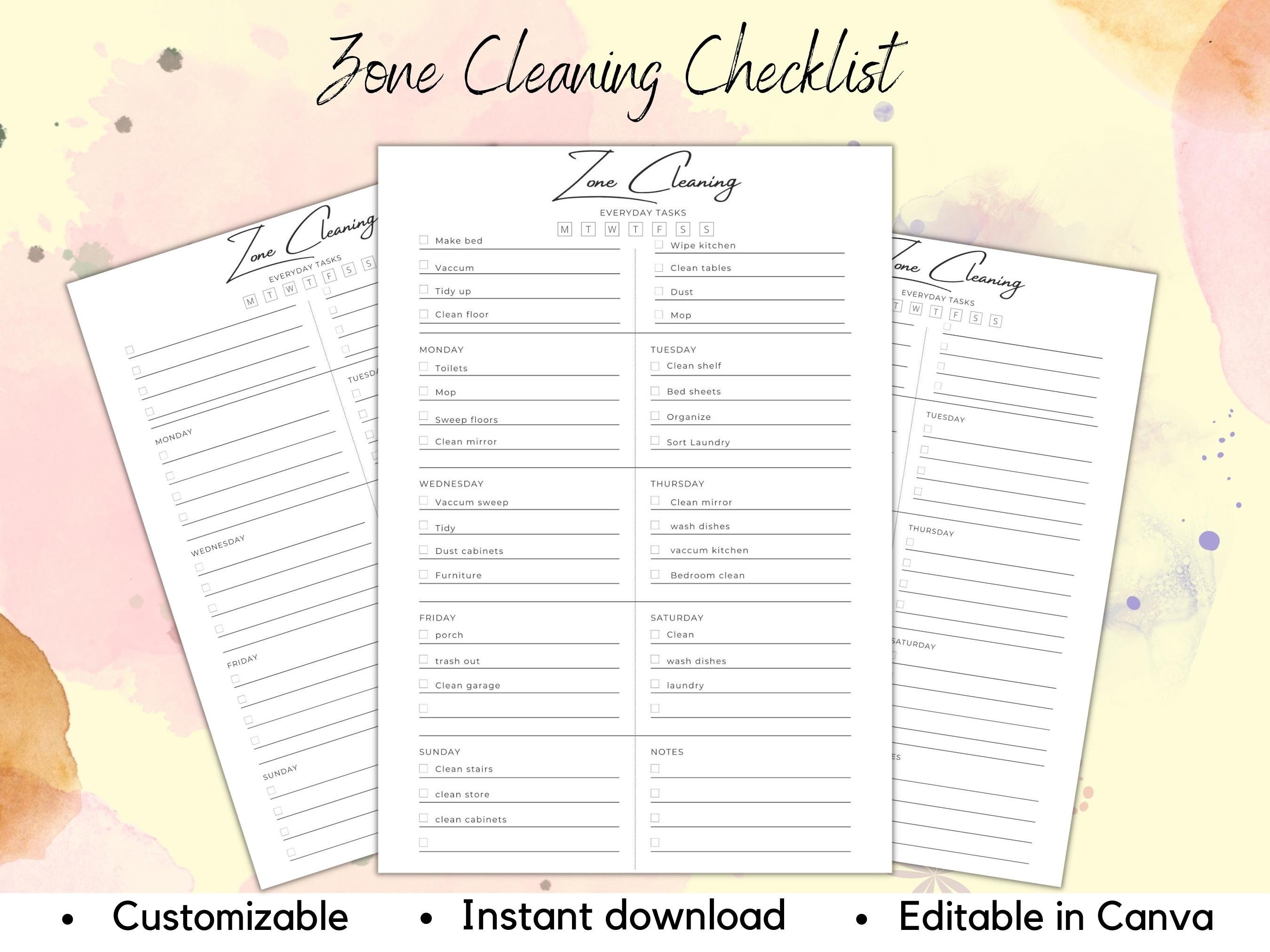 Zone Cleaning Checklist, Biweekly Cleaning Checklistdeclutter Checklist ...