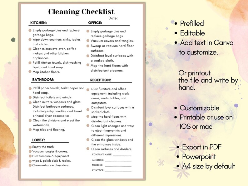 Commercial Cleaning Checklist,janitorial Checklist,cleaning Schedule ...
