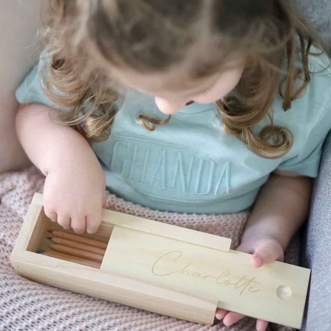 Personalised Wooden Pencil Case Box With Engraved Name & Pencils, Back ...