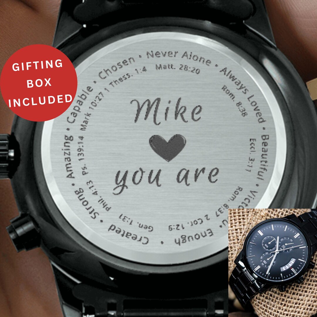 Engraved Christian Watch for Him, Black Men’s Faith Timepiece With ...