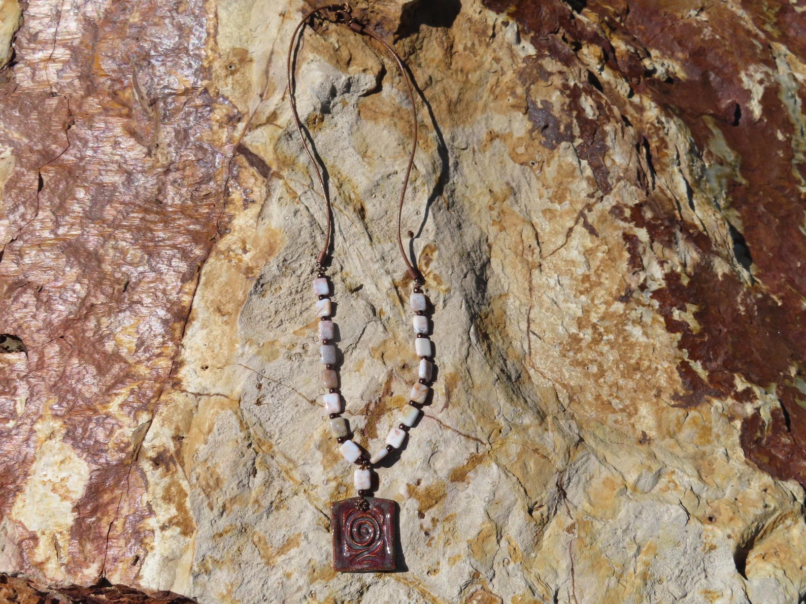 Geometric Ceramic Pendant Necklace, Botswana Agate, Pam Smyth Design - Etsy
