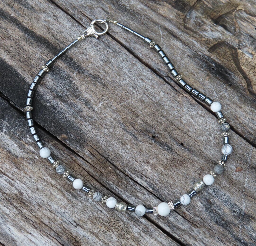 Blingy Black and White Choker Necklace for Her. Hematite, Howlite, Gray ...