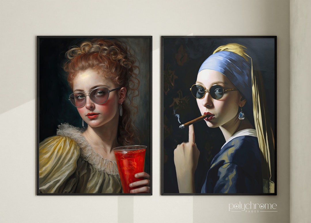 Funny Modern Remake of Painting, Maximalist Decor of Bar Cart Art, Girl ...
