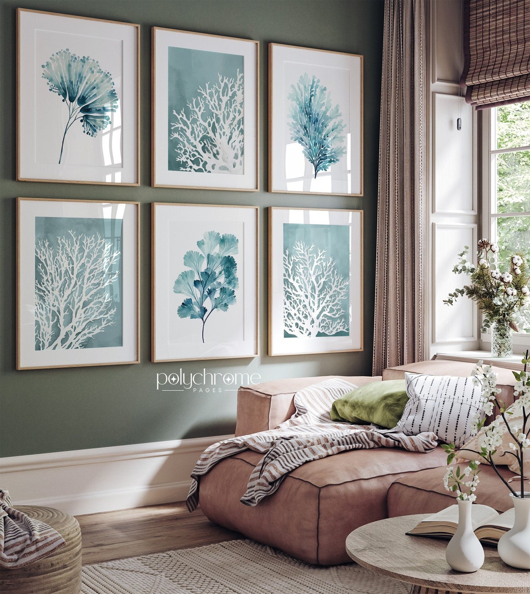 Ocean Painting Set of Sea Fan Coral and Seaweed, Teal Watercolor Coral ...
