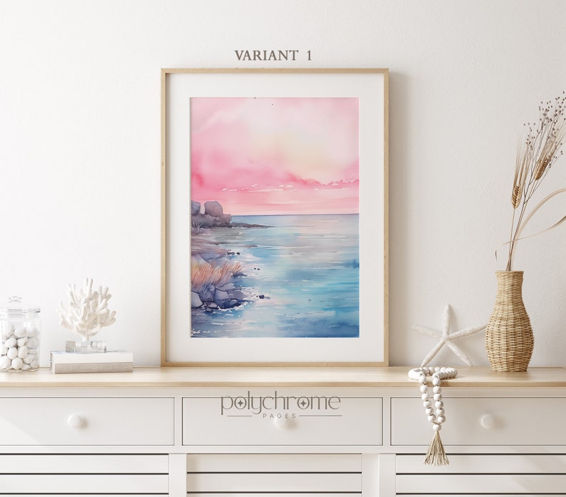 Beach Landscape Paintings, Pink and Blue Coastal Ocean Painting Set of ...