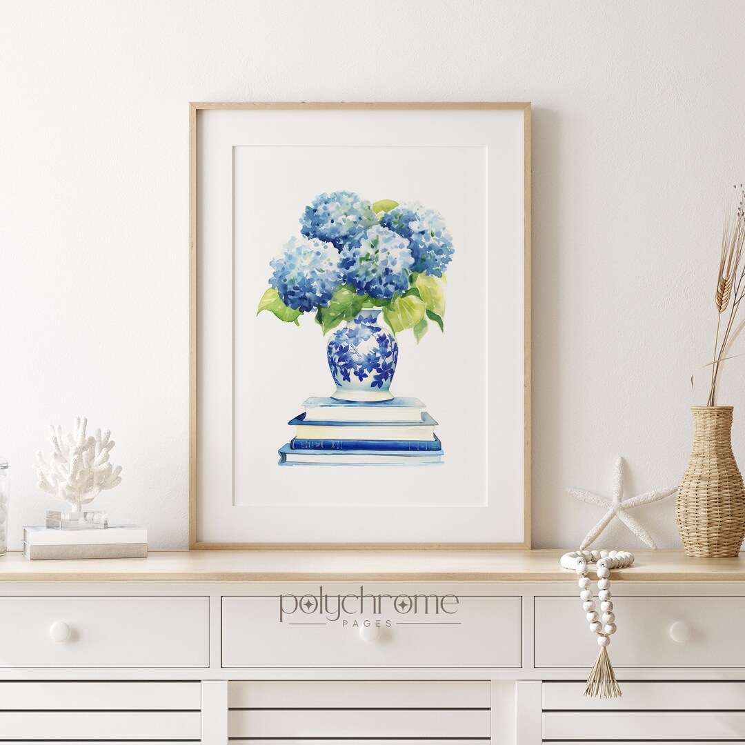 Blue Hydrangeas in Chinoiserie on Stack of Books, Hamptons Style Blue ...