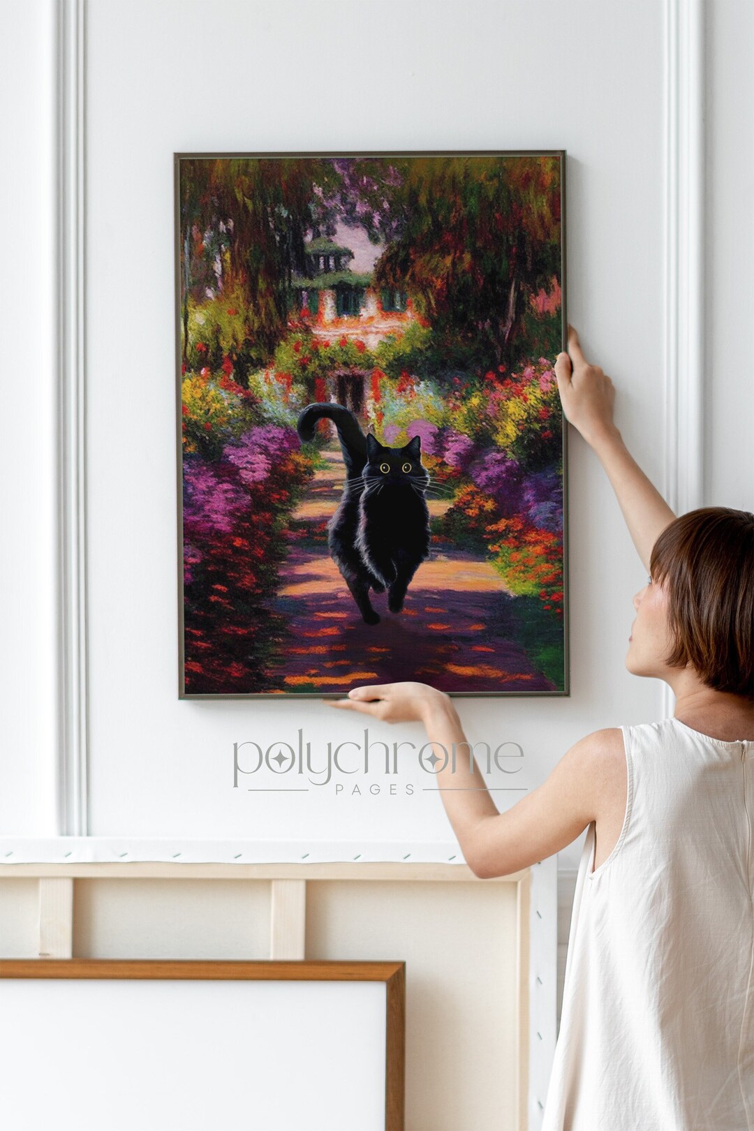 Funny Cat Painting in Monet Garden, Black Cat Art Gifts for Cat Lovers ...
