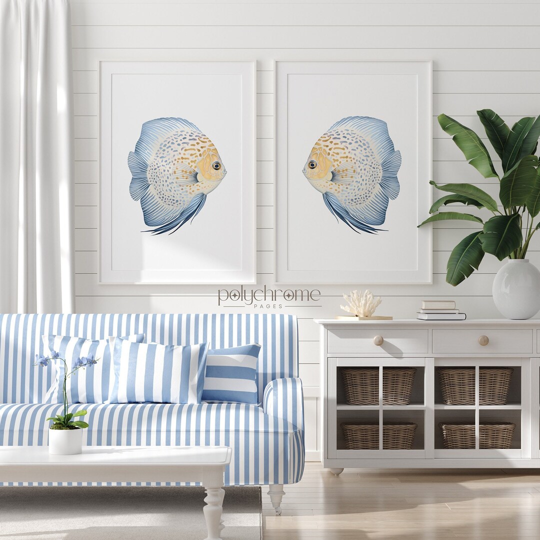Blue and Yellow Discus Fish, Coastal Nautical Hamptons Decor, Beach ...