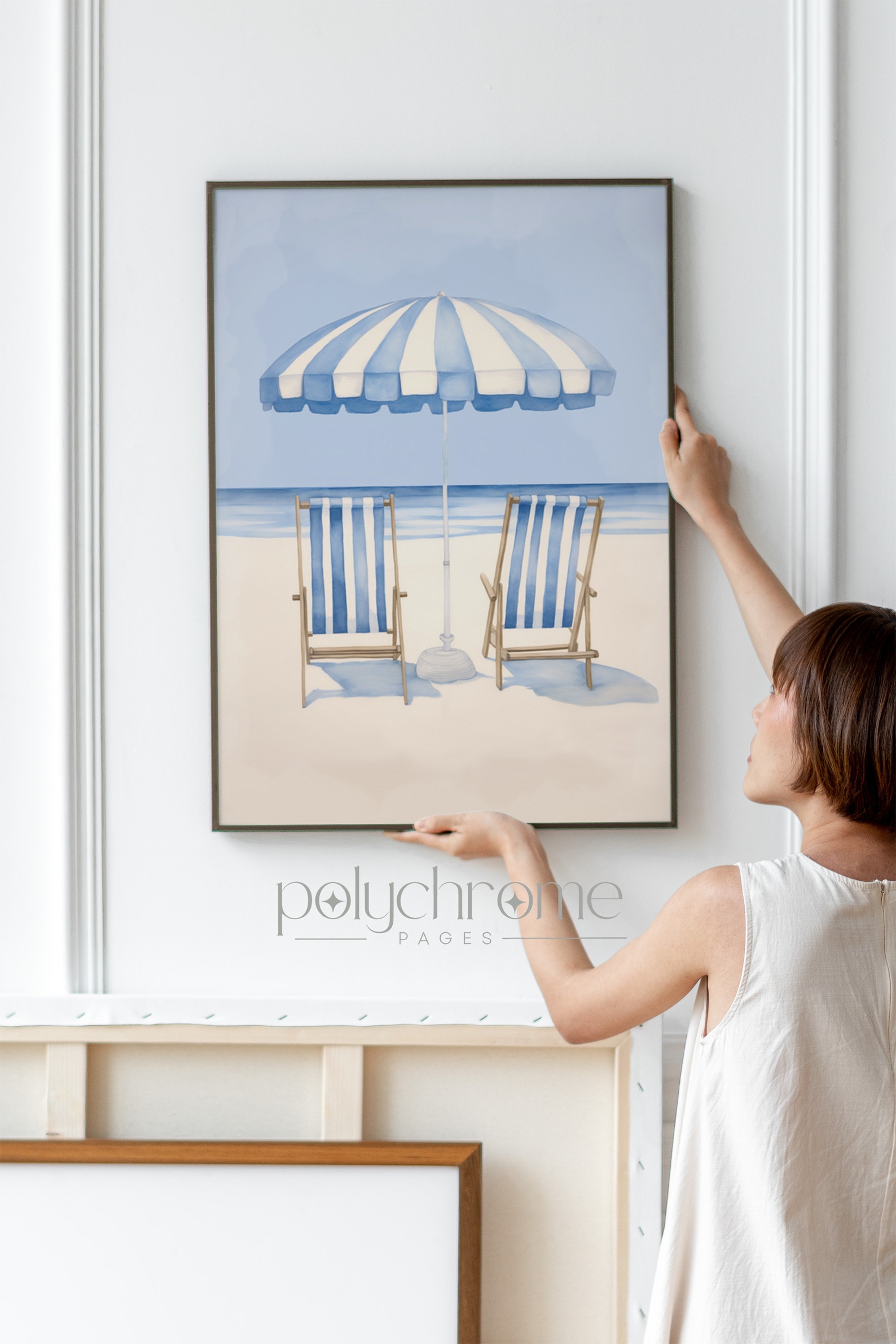 Beach Umbrella and Chairs Picture, Beach House Decor Seascape Painting ...