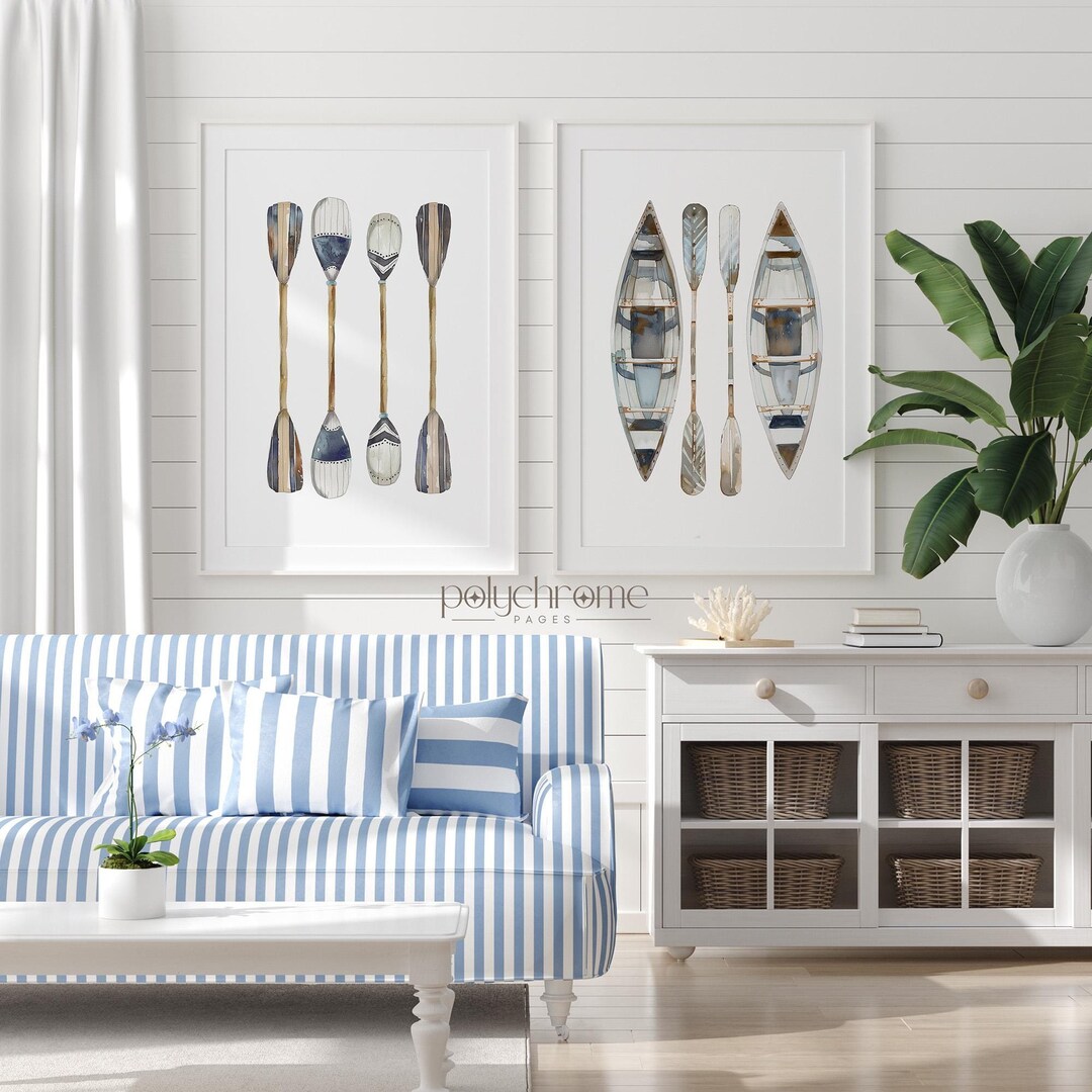 Vintage Oar, Sailboat, Kayak Prints, Navy Blue and Brown Nautical ...