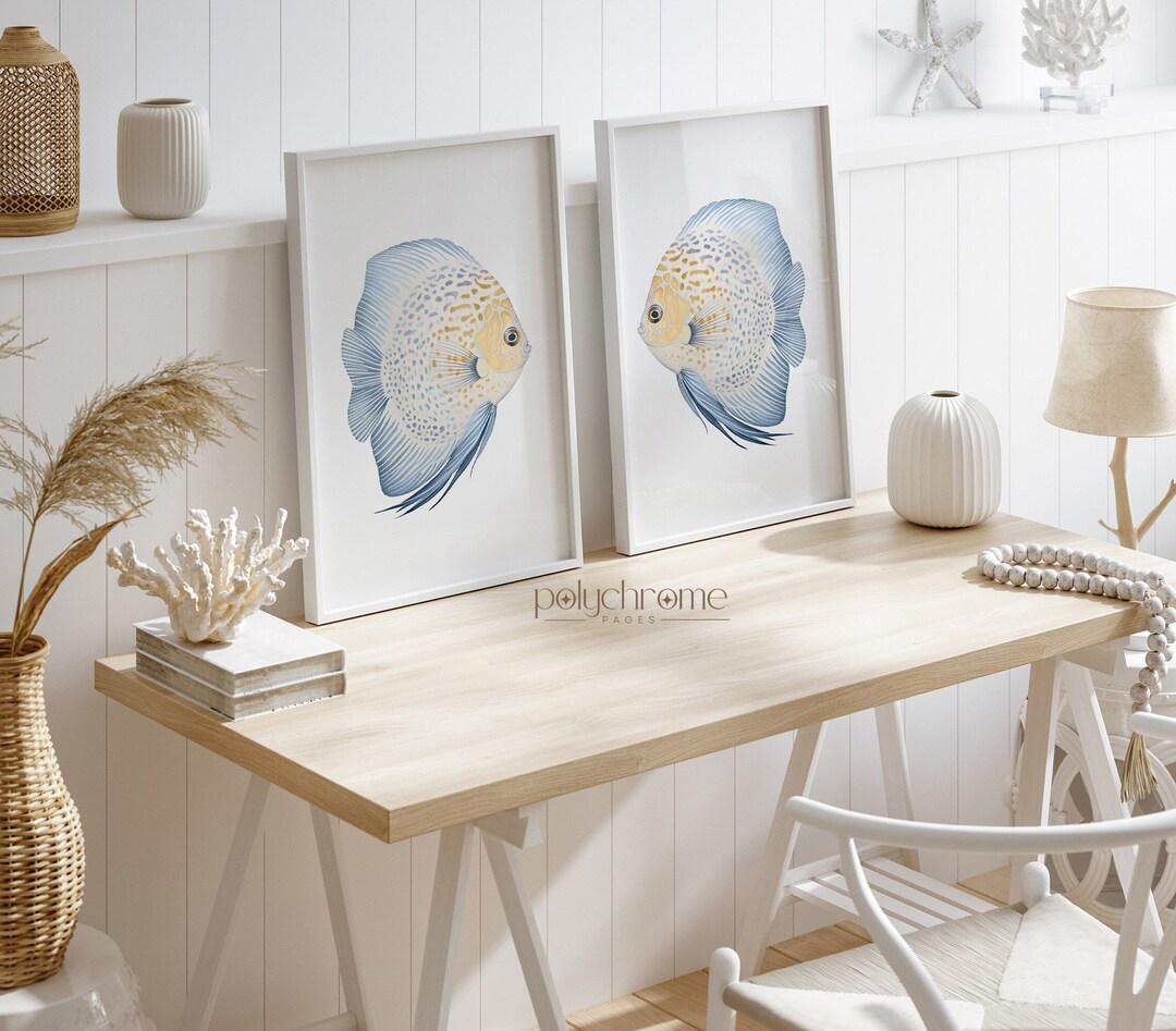 Blue and Yellow Discus Fish, Coastal Nautical Hamptons Decor, Beach ...