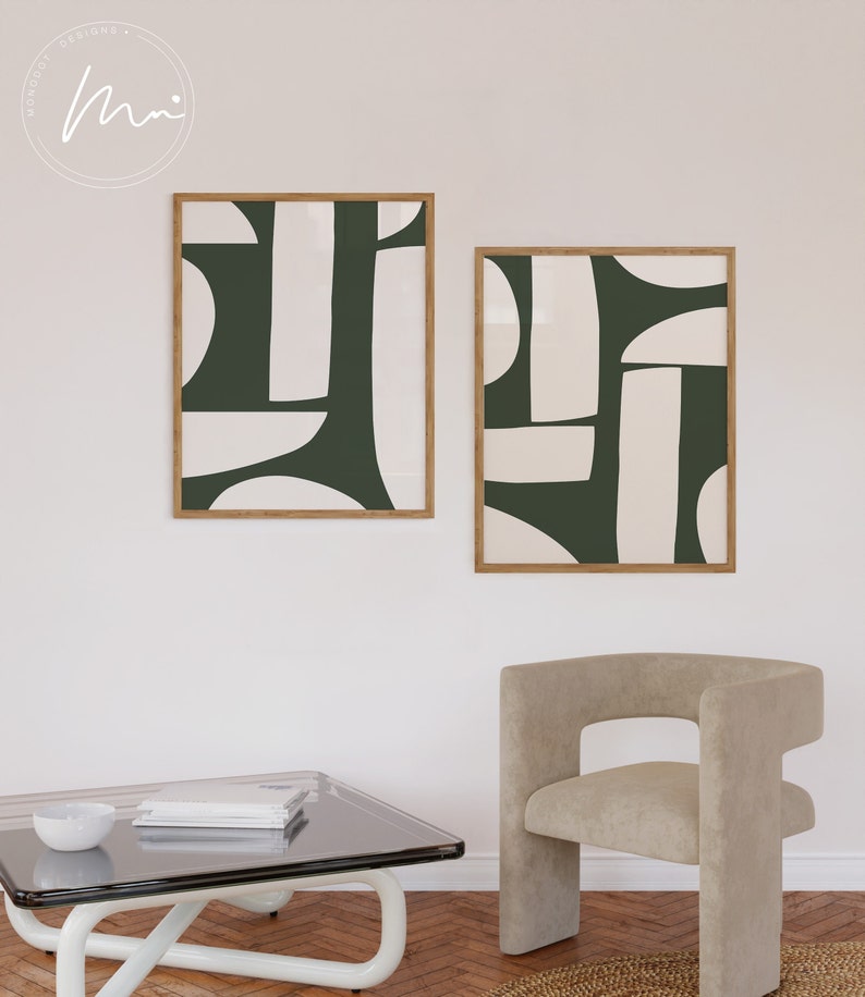 Emerald Green Abstract Art Print Set: Mid-century Modern (digital ...