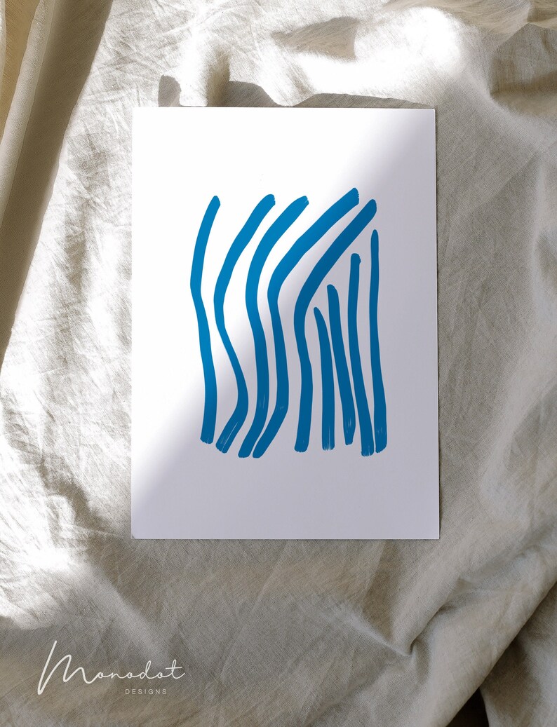 Blue Brush Stroke Scribble Wall Art Modern Abstract Painting Monochrome ...