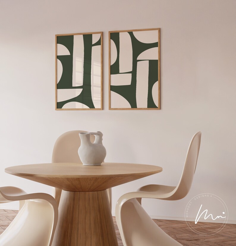 Emerald Green Abstract Art Print Set: Mid-century Modern (digital ...