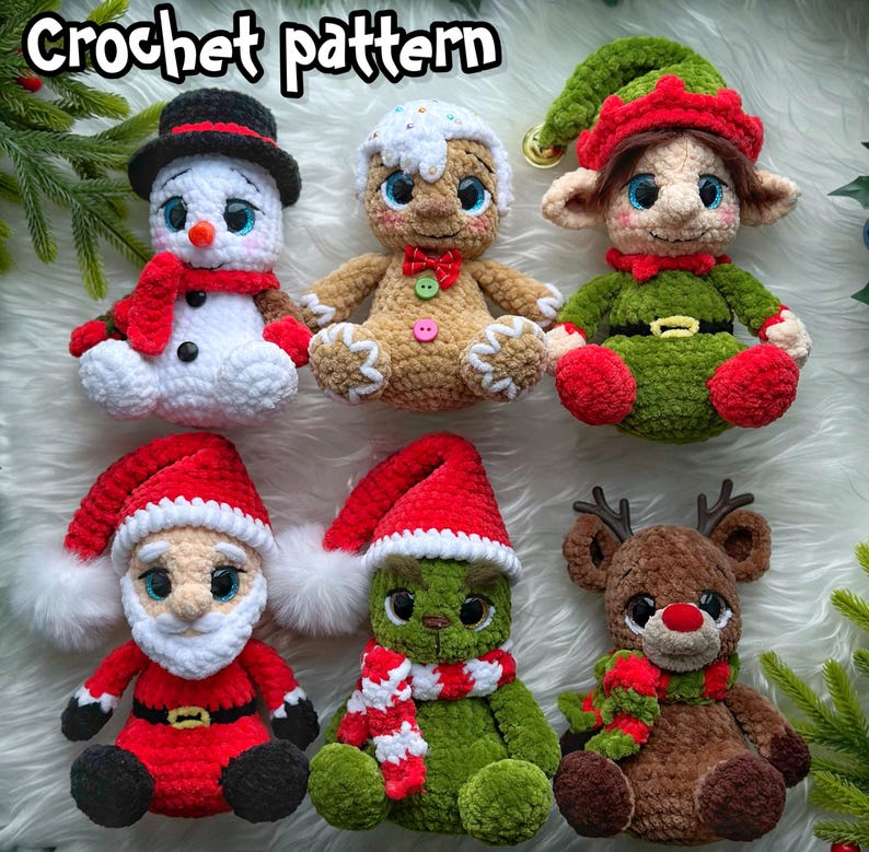 Set 6 in 1 Crochet Christmas Pattern: Snowman, Gingerbread, Elf, Santa ...
