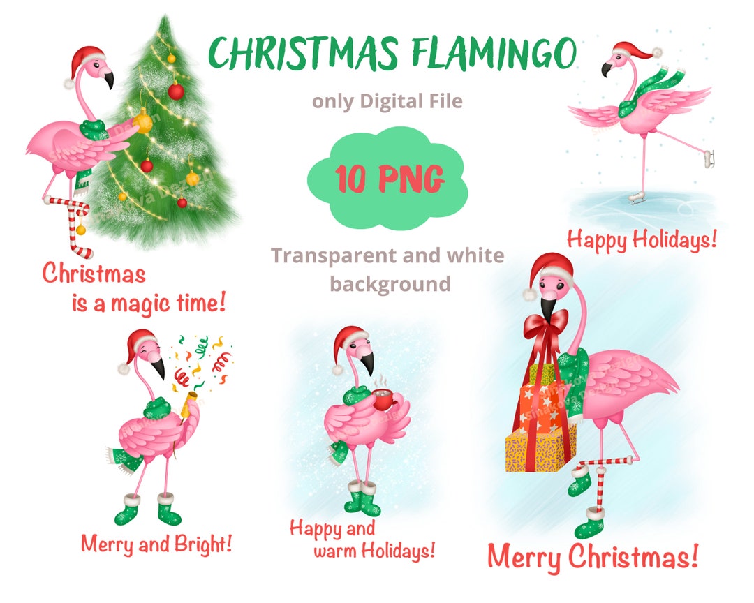 Digital Christmas Card, Flamingo Clipart, Holiday Printable Decor ...