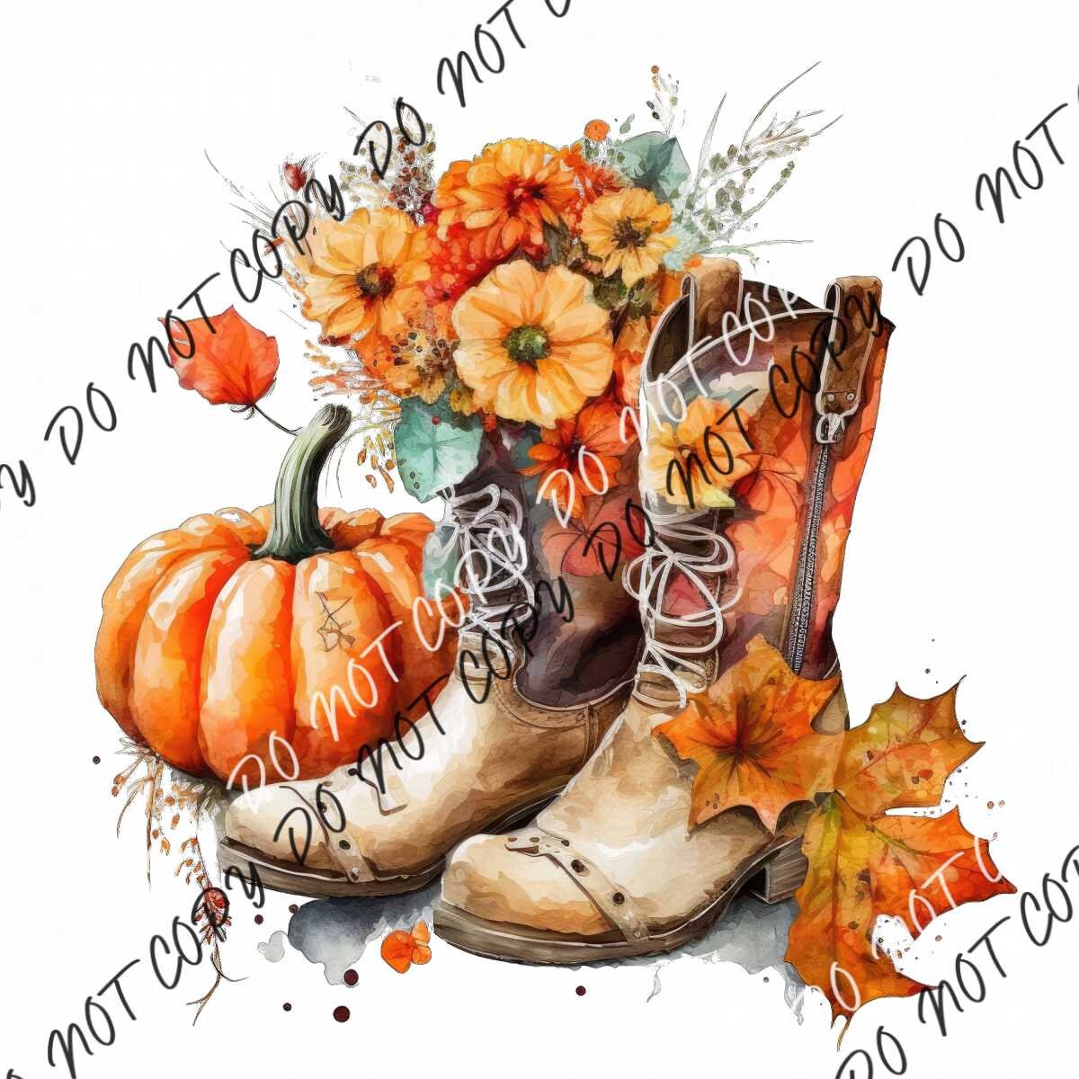 Cowboy Boots With Pumpkins and Flowers Watercolor DTF Transfer - Etsy