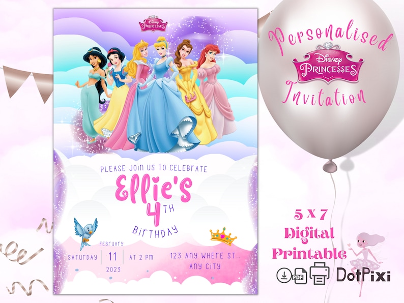 Personalised Disney Princesses Theme Birthday Party Invitation. Digital ...