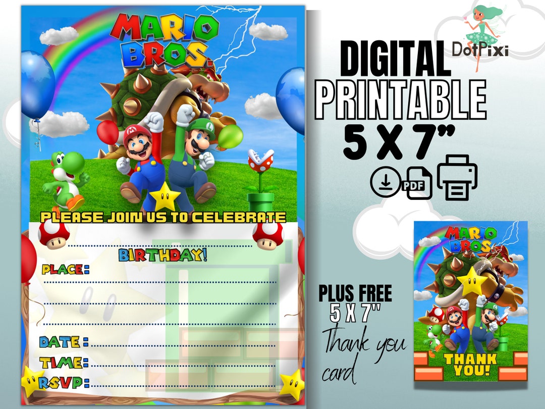 Super Party Mario Theme Birthday Party Invitation + Free Matching Thank ...