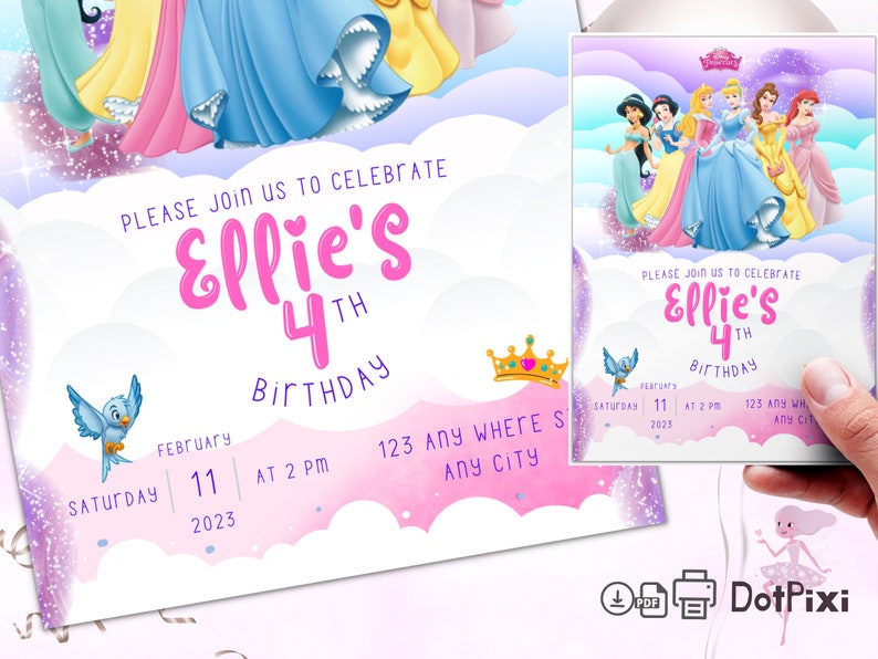 Personalised Disney Princesses Theme Birthday Party Invitation. Digital ...