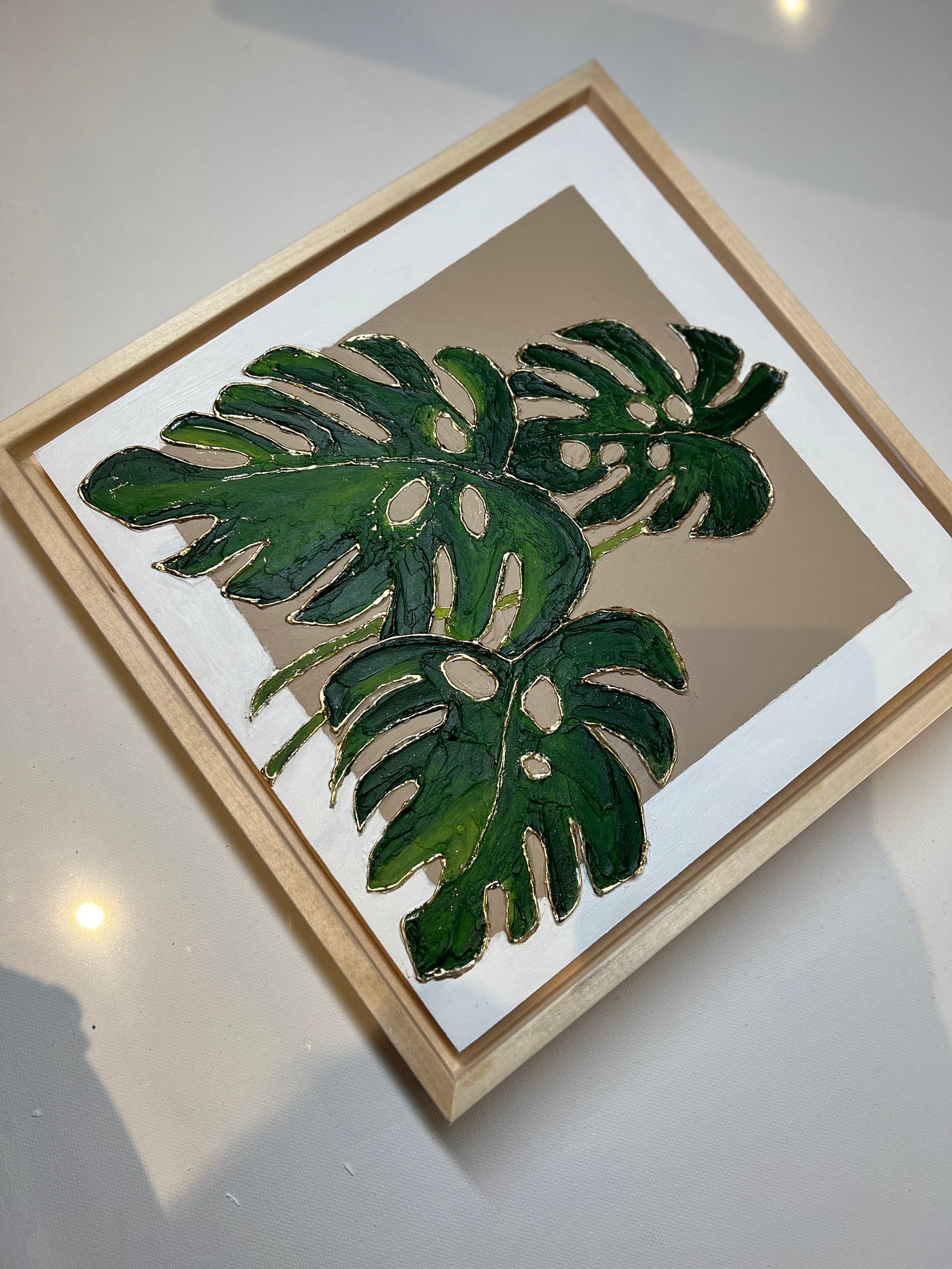 Monstera Leaf Gold Foil Texture Painting, Leaf Textured Framed Art ...