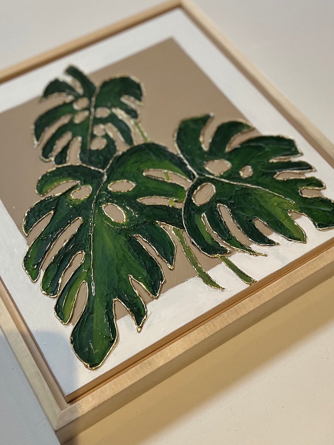 Monstera Leaf Gold Foil Texture Painting, Leaf Textured Framed Art ...