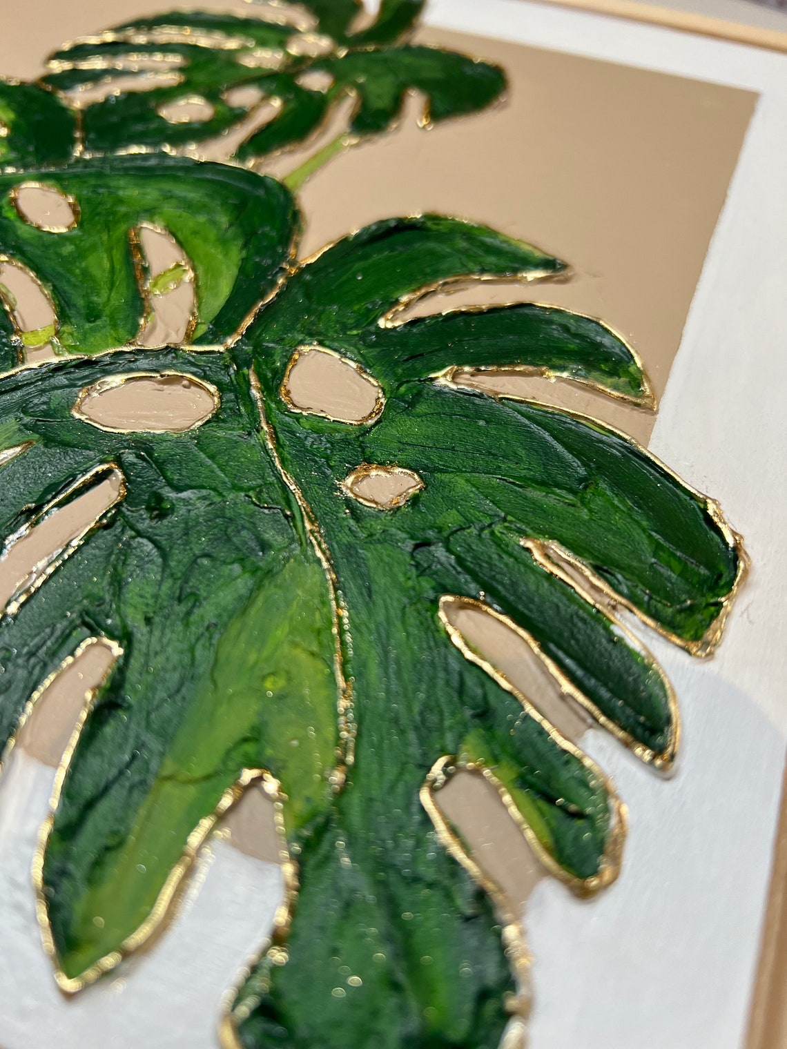 Monstera Leaf Gold Foil Texture Painting, Leaf Textured Framed Art ...
