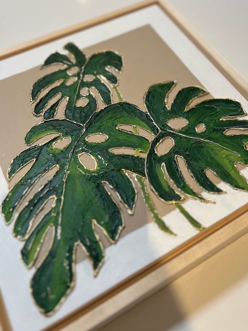 Monstera Leaf Gold Foil Texture Painting, Leaf Textured Framed Art ...
