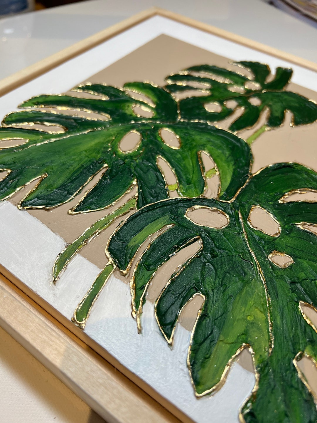 Monstera Leaf Gold Foil Texture Painting, Leaf Textured Framed Art ...