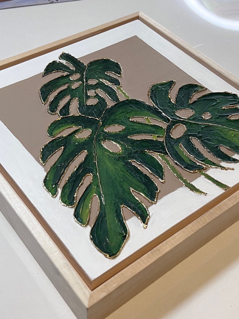 Monstera Leaf Gold Foil Texture Painting, Leaf Textured Framed Art ...