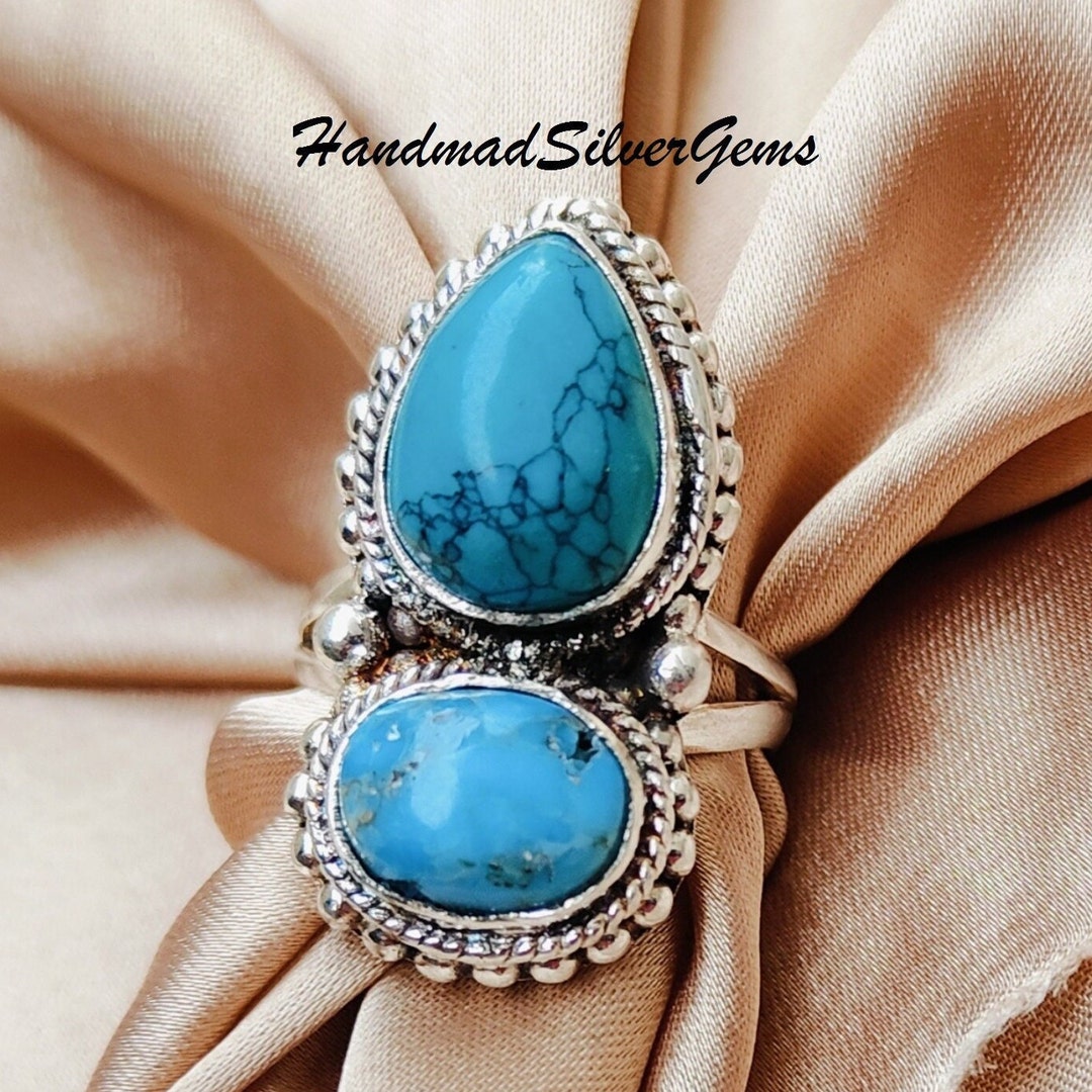 Buy Blue Turquoise Ring, 925 Sterling Silver, Two Stone Band Ring, Gift ...