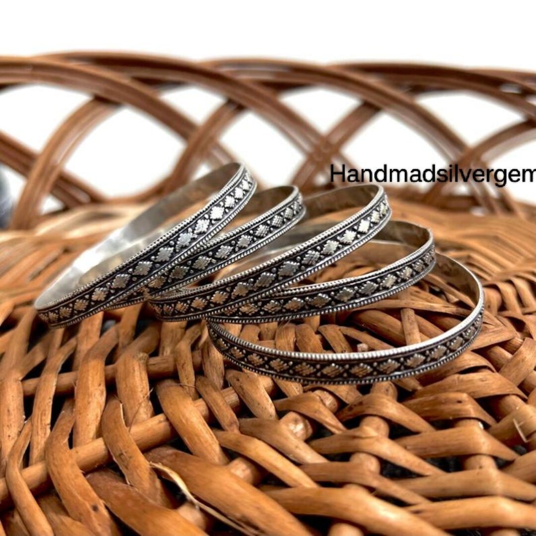 925 Sterling Silver Bangle Set: Floral Etched Boho Bangles - Etsy