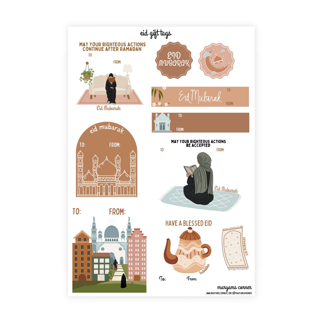 Eid Sticker Sheet, Islamic Stationery, Islamic Gift Tags, Eid Tags, Eid ...