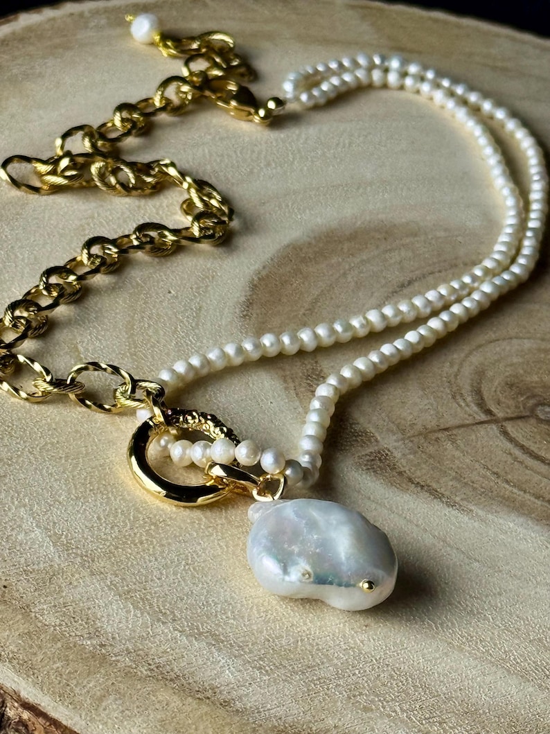 Freshwater Half Pearl Half Chain Necklace. Genuine Baroque Pearls 3-4mm ...