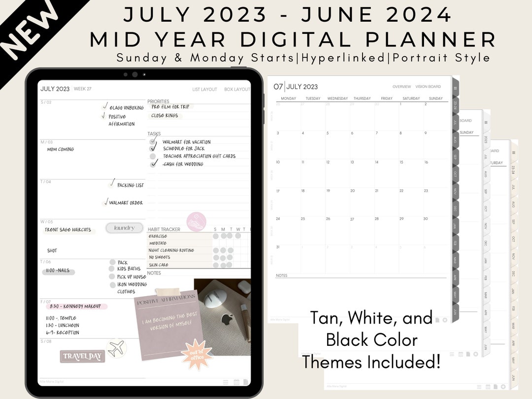 2023 2024 Mid Year Digital Planner, Portrait, Dated Weekly, Monthly ...