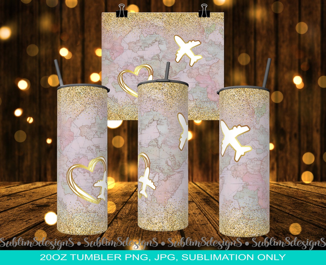 Vintage World Map With Gold Glitter and Airplane Compass - A Journey ...