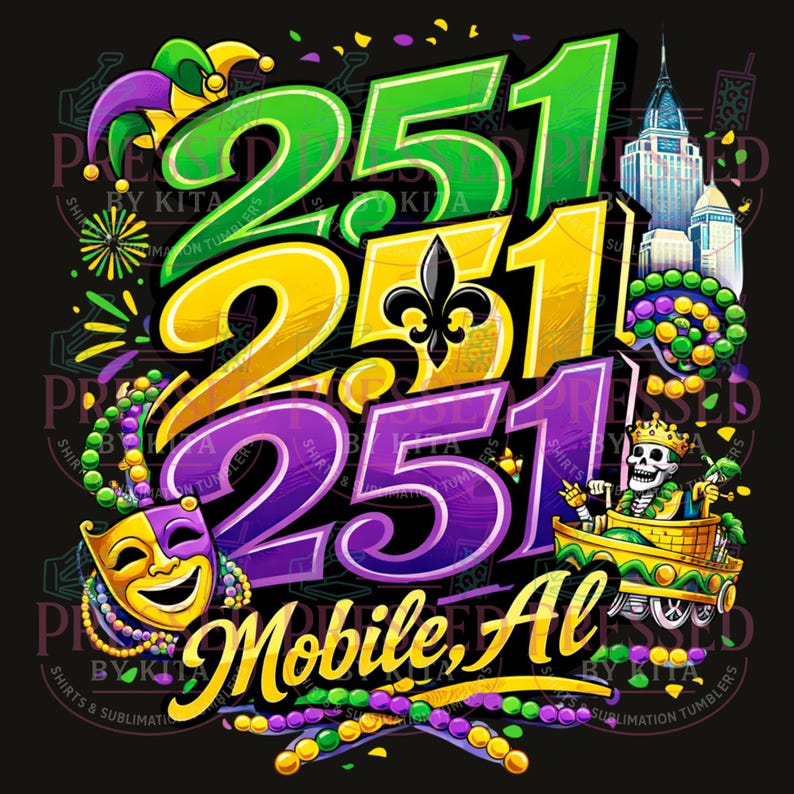 251 Mobile AL Mardi Gras Design | Alabama Area Code Shirt (digital ...