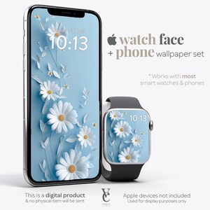 Daisies Apple Watch Face Phone Wallpaper, Baby Blue Spring Floral ...