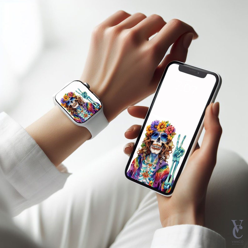 Skeleton Hippie Apple Watch Face Halloween Phone Wallpaper, Vibrant ...