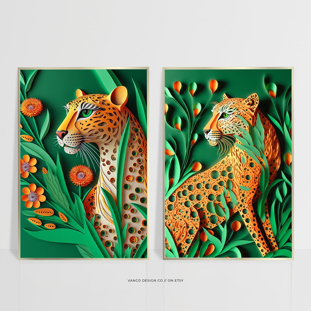 Cheetah Green Orange Wall Art, Set of 2 Digital Animal Prints, Big Cat ...