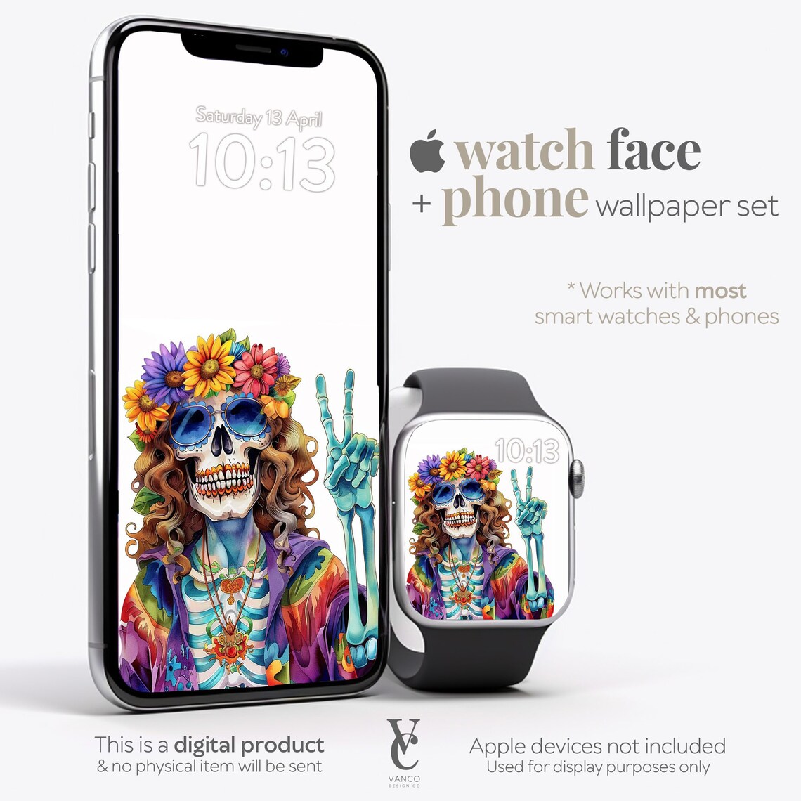 Skeleton Hippie Apple Watch Face Halloween Phone Wallpaper, Vibrant ...