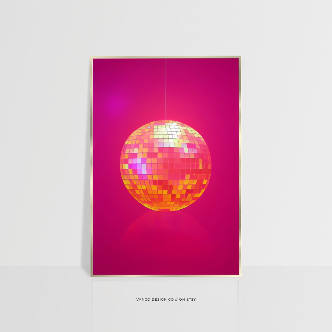Disco Print Pink Mirror Ball Poster, 70s Preppy Stuff Girly Pink ...
