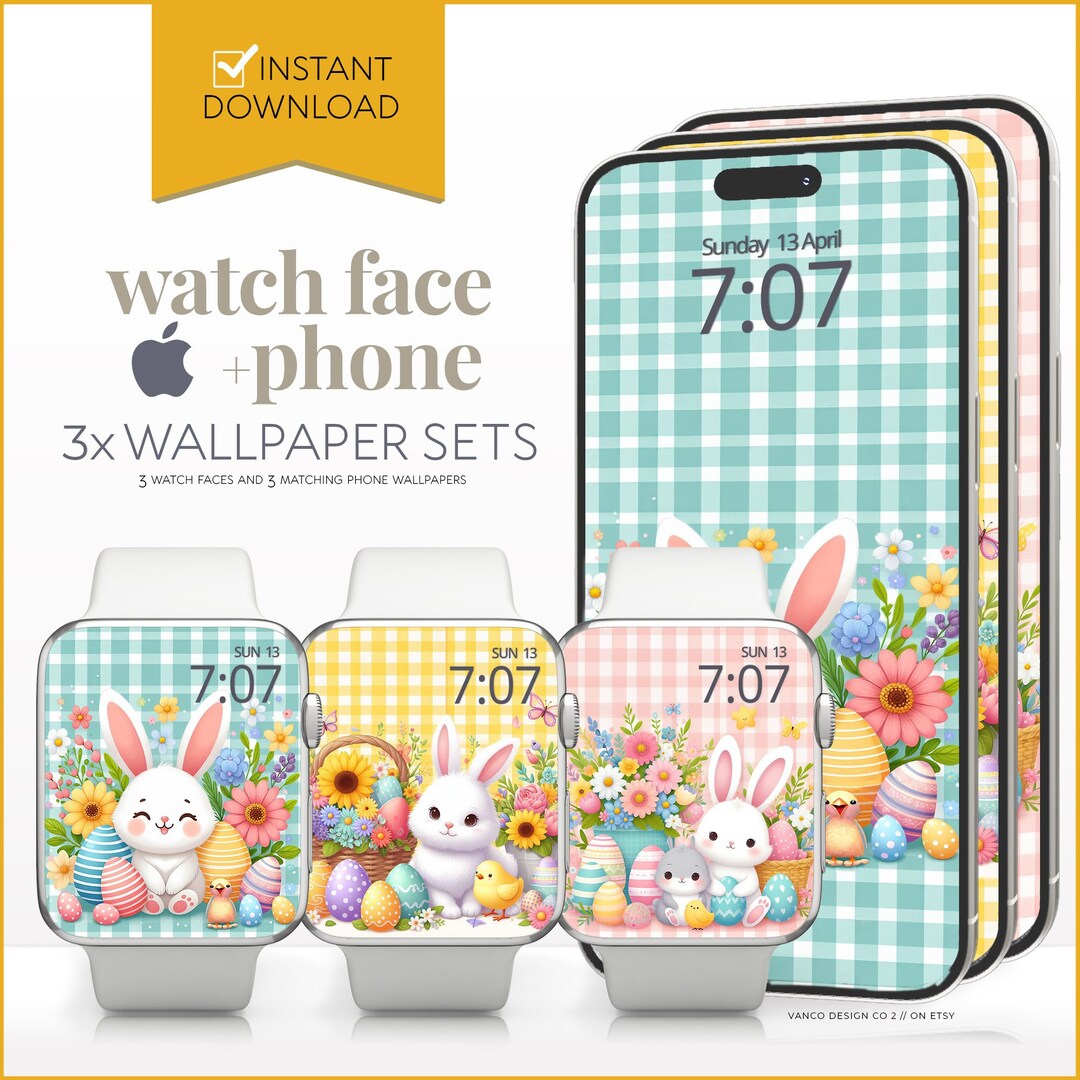 Easter Apple Watch Face Phone Wallpaper, Checkered Spring Smartwatch ...