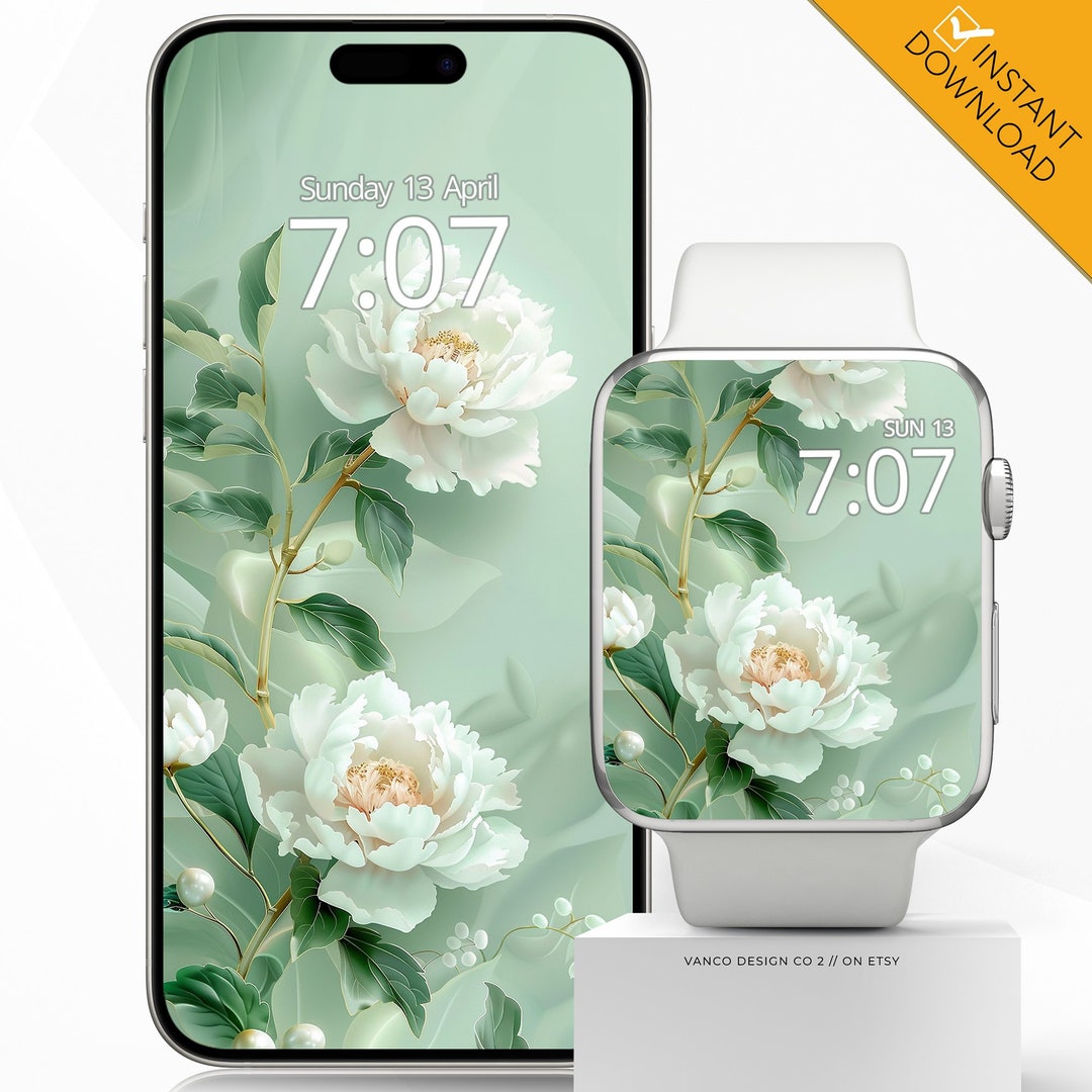 Sage Green Apple Watch Face Phone Wallpaper, Chinese Peonies Spring ...