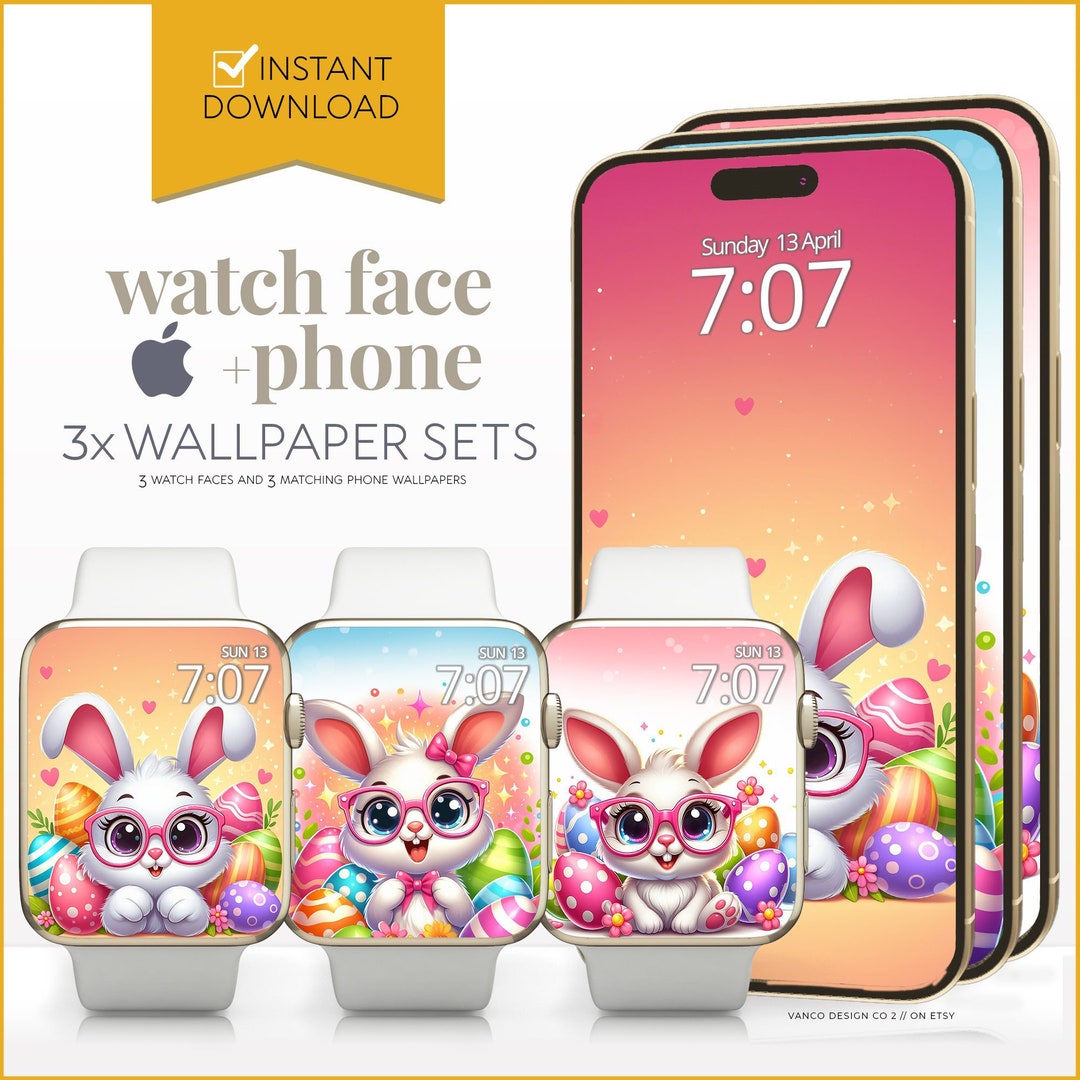 Easter Bunnies Apple Watch Face Phone Wallpaper Bundle Set, Fun Spring ...