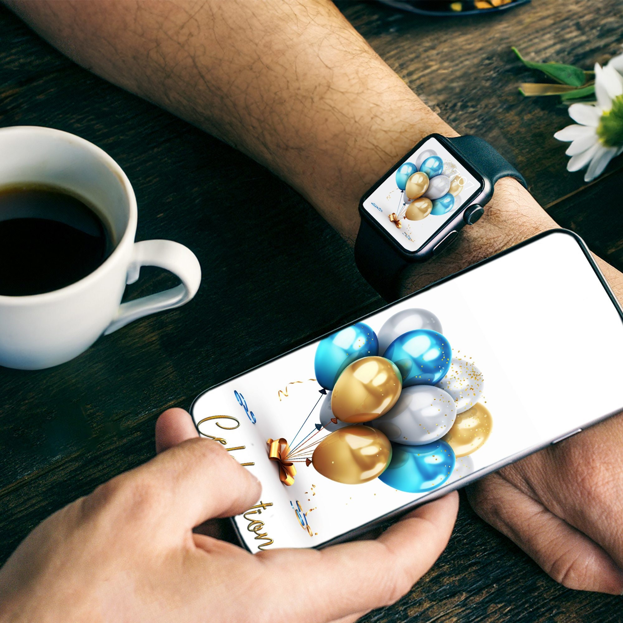 Celebration Balloons Apple Watch Wallpaper, Blue Gold Custom Smartwatch ...