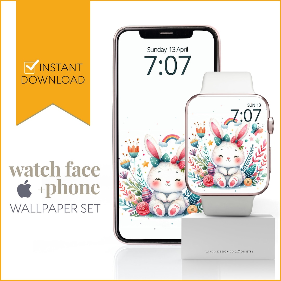 Easter Bunny Apple Watch Face Phone Wallpaper, Spring Floral Smartwatch ...